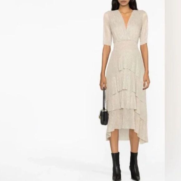Maje | Dresses | Maje Dressruffini Tiered Midi Gold Shimmer Size Eu 38 ...